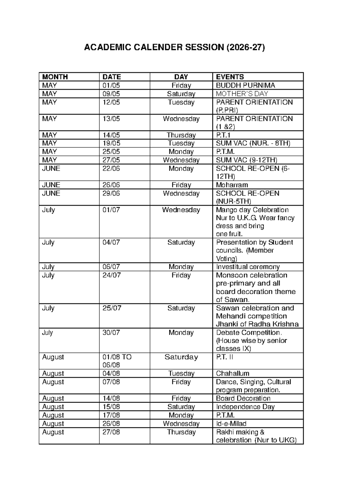 Academic Calendar Session 1: May to August Events Overview - Studocu