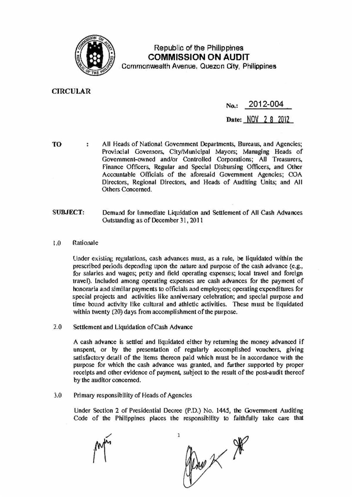 COA Circular No. 2012-01: Demand for Liquidation of Cash Advances - Studocu