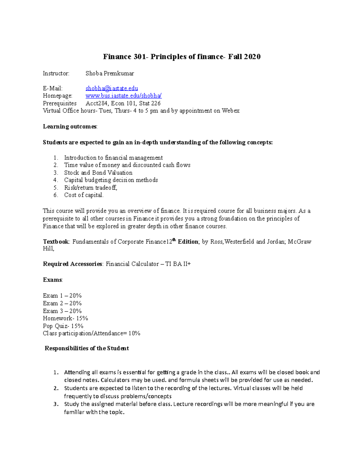 Fin 301: Principles of Finance Fall 2020 Class Schedule & Outline - Studocu