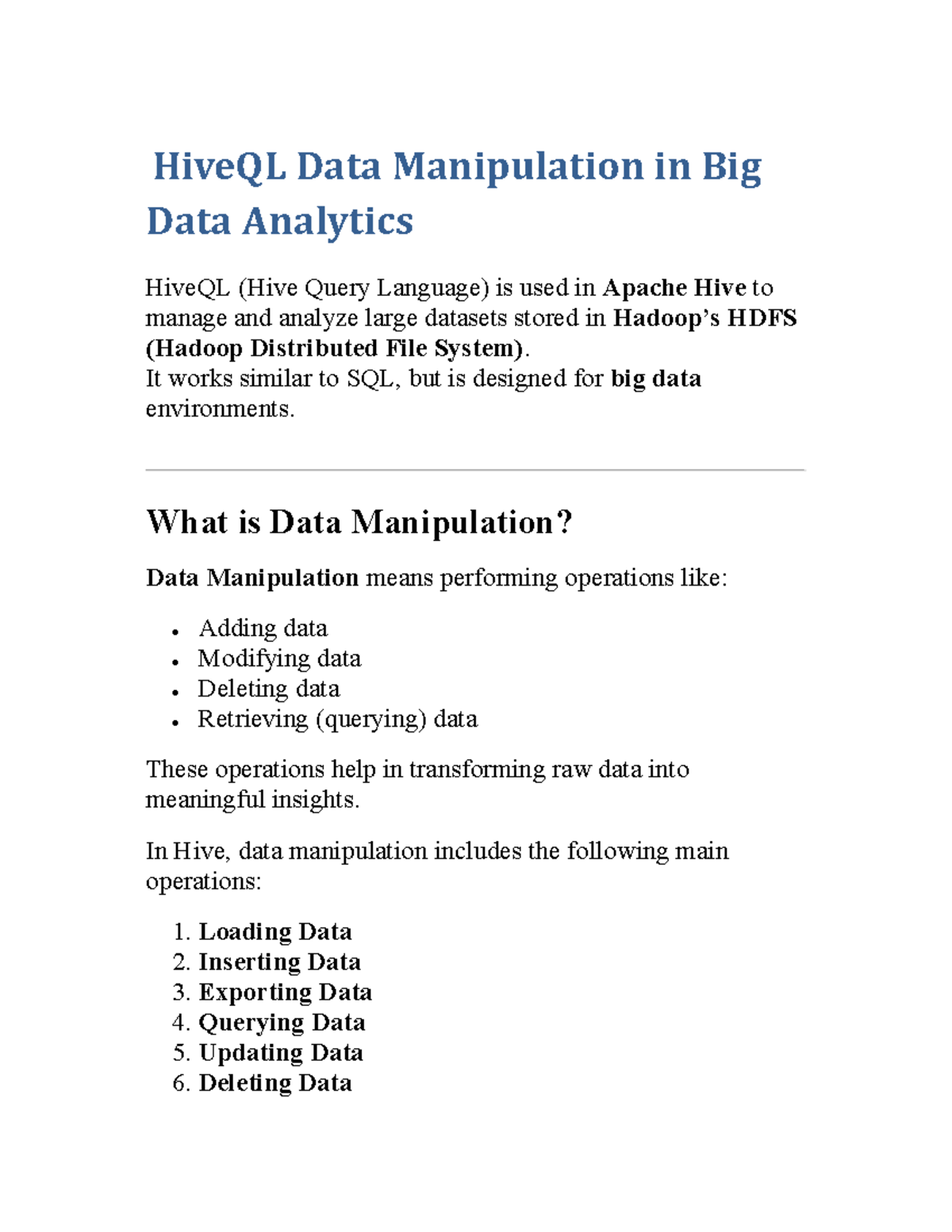 BDA Seminar: HiveQL Data Manipulation Techniques in Big Data - Studocu