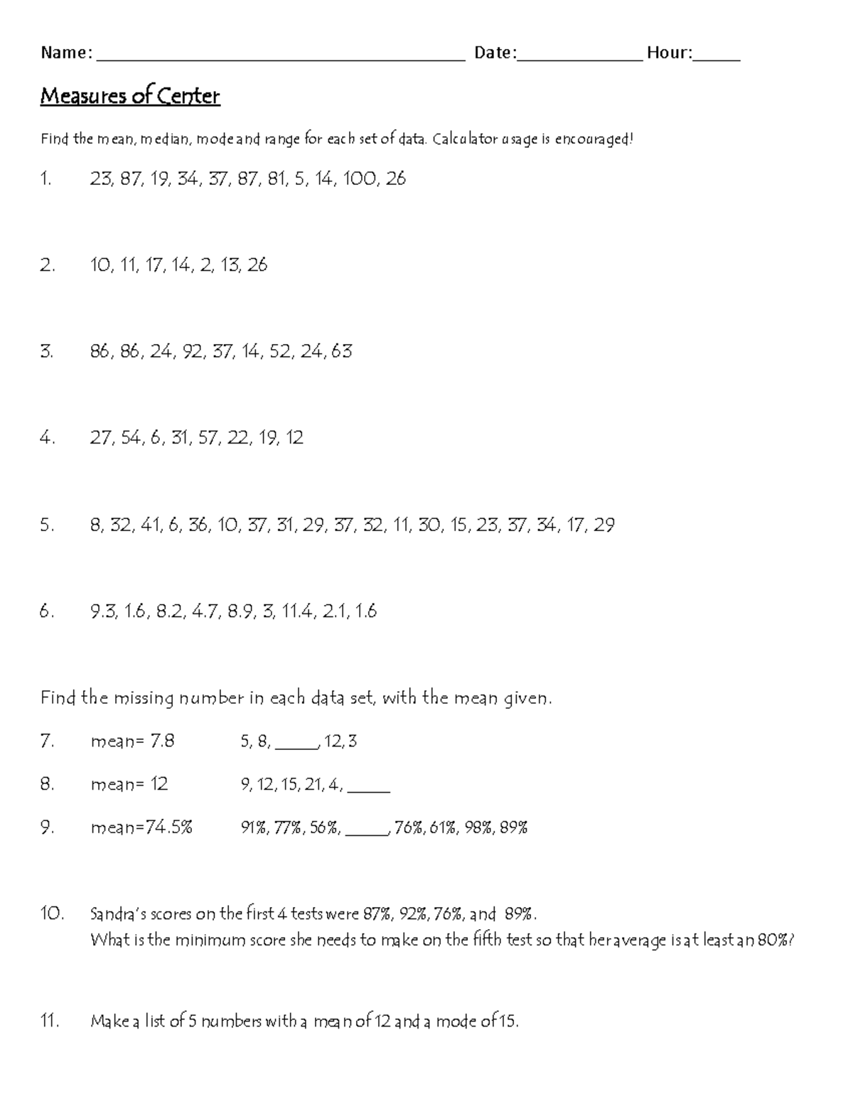 Measures of Center: Mean, Median, Mode & Range Worksheet (Math 101 ...