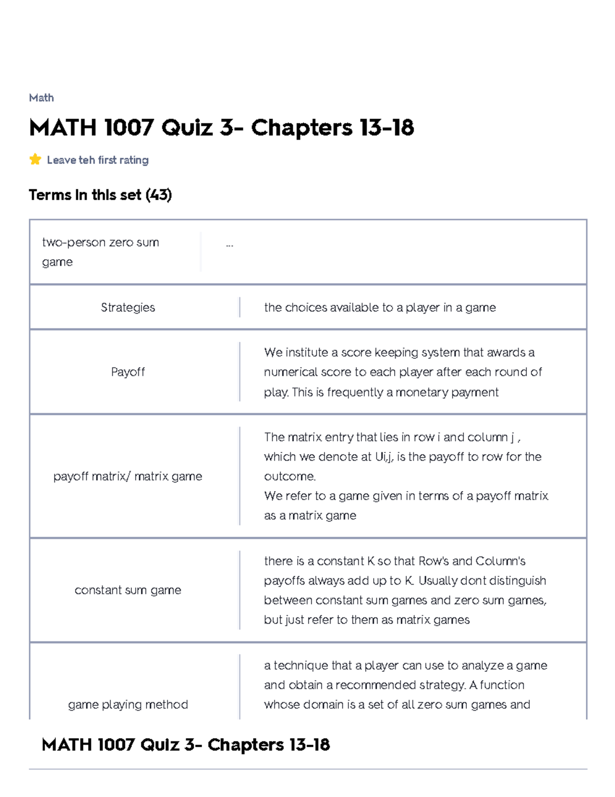 MATH 1007 - Chapters 13-18 - MATH 1007 Quiz 3- Chapters 13- Leave teh ...
