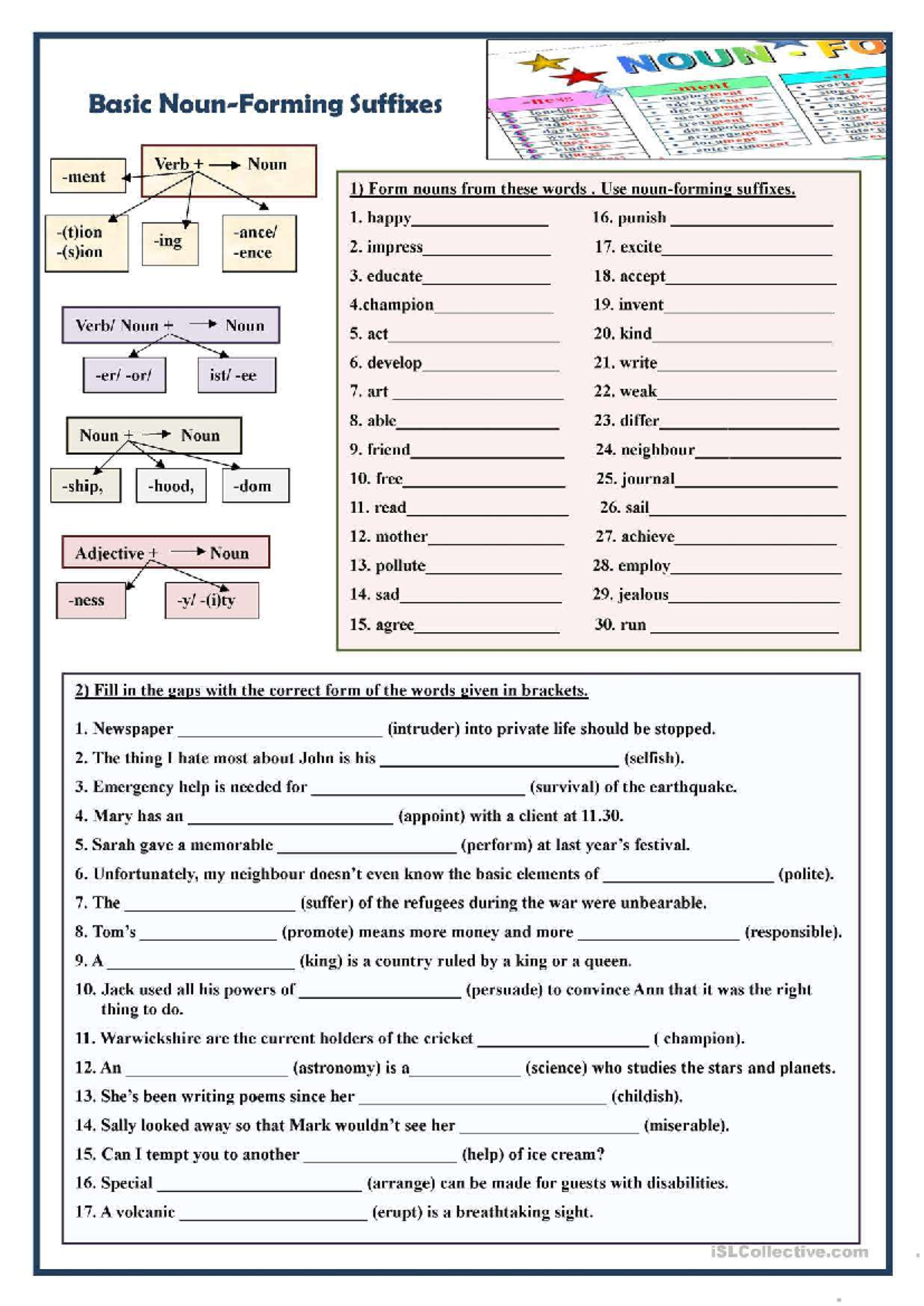 Basic noun suffixes c210 - Basic Suffixes Verb Noun 1) Form nouns from ...