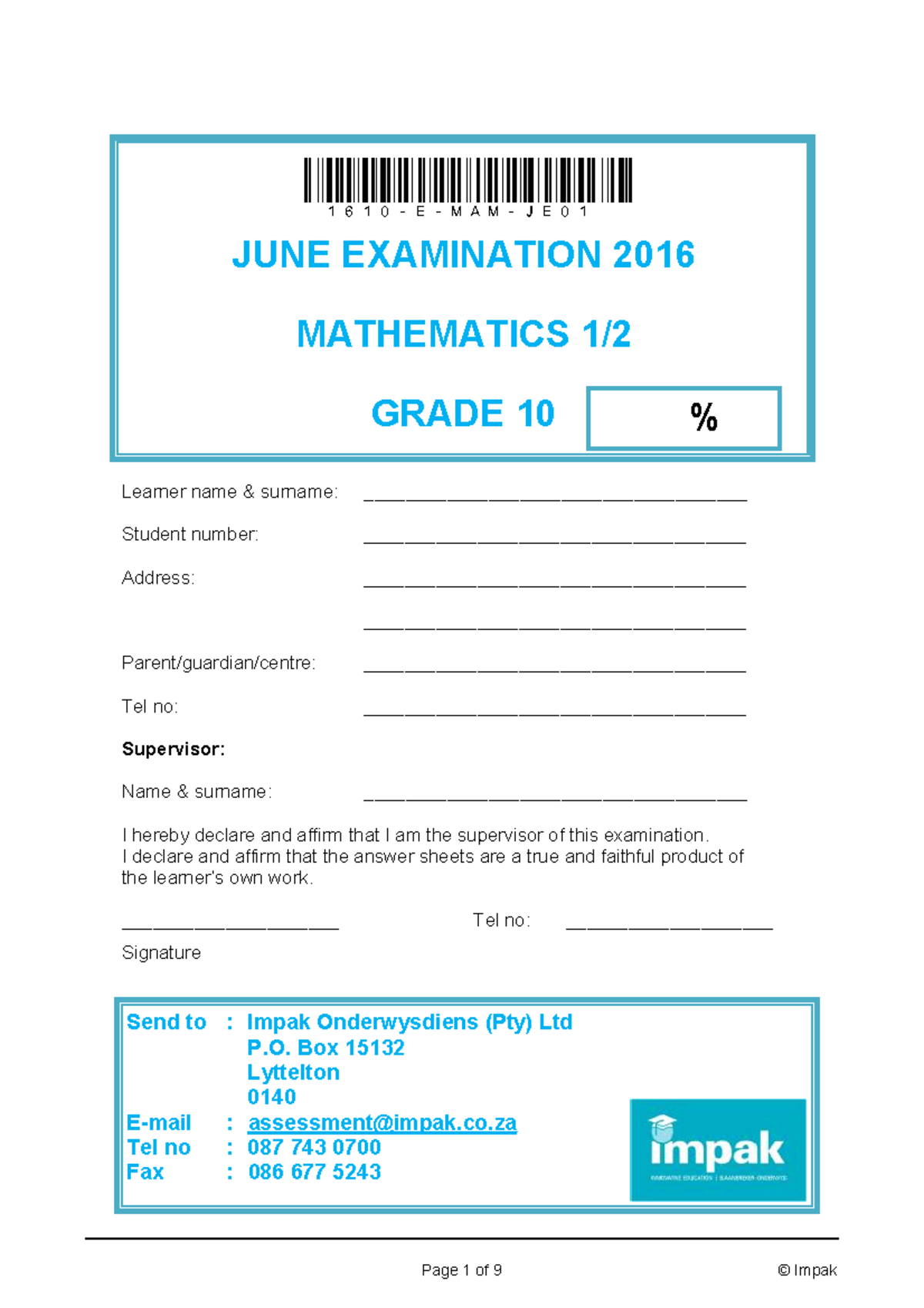G10 Mathematics P1 June Examination 2016 - Exam Paper - Studocu
