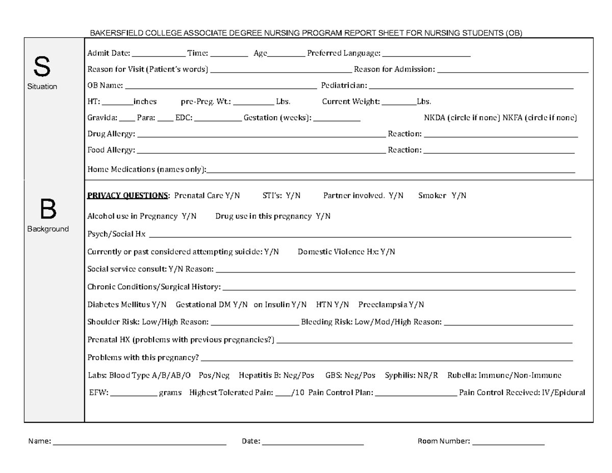 RN OB SBAR Report Sheet for Nursing Students (ADN) - Studocu