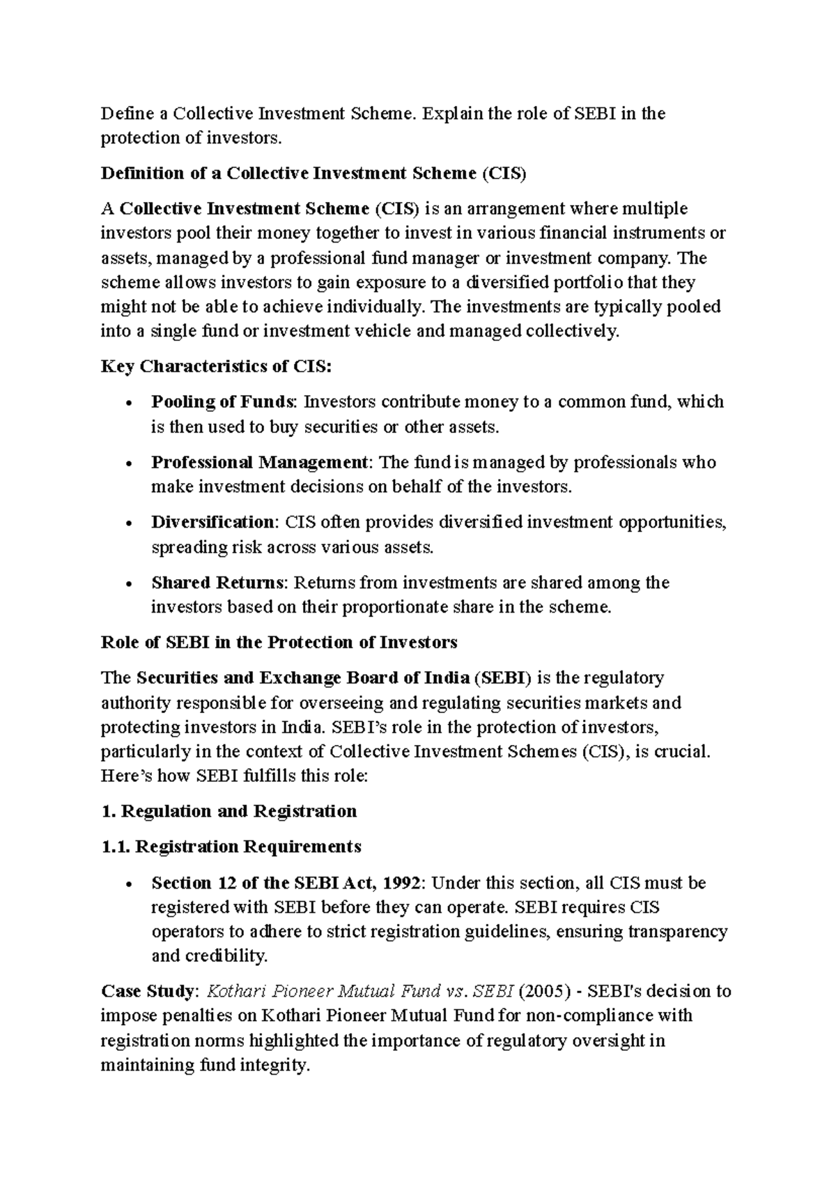 CIS Overview and SEBI's Role in Investor Protection - Studocu
