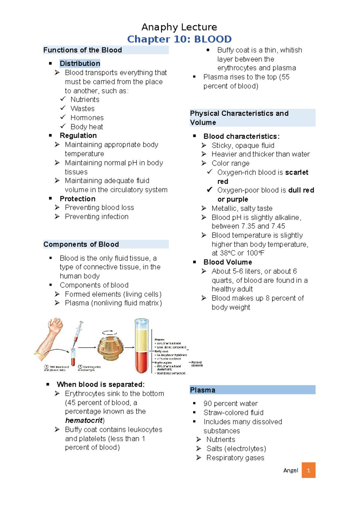Chapter 10: Blood Notes - ANAPHY Lecture Summary - Studocu
