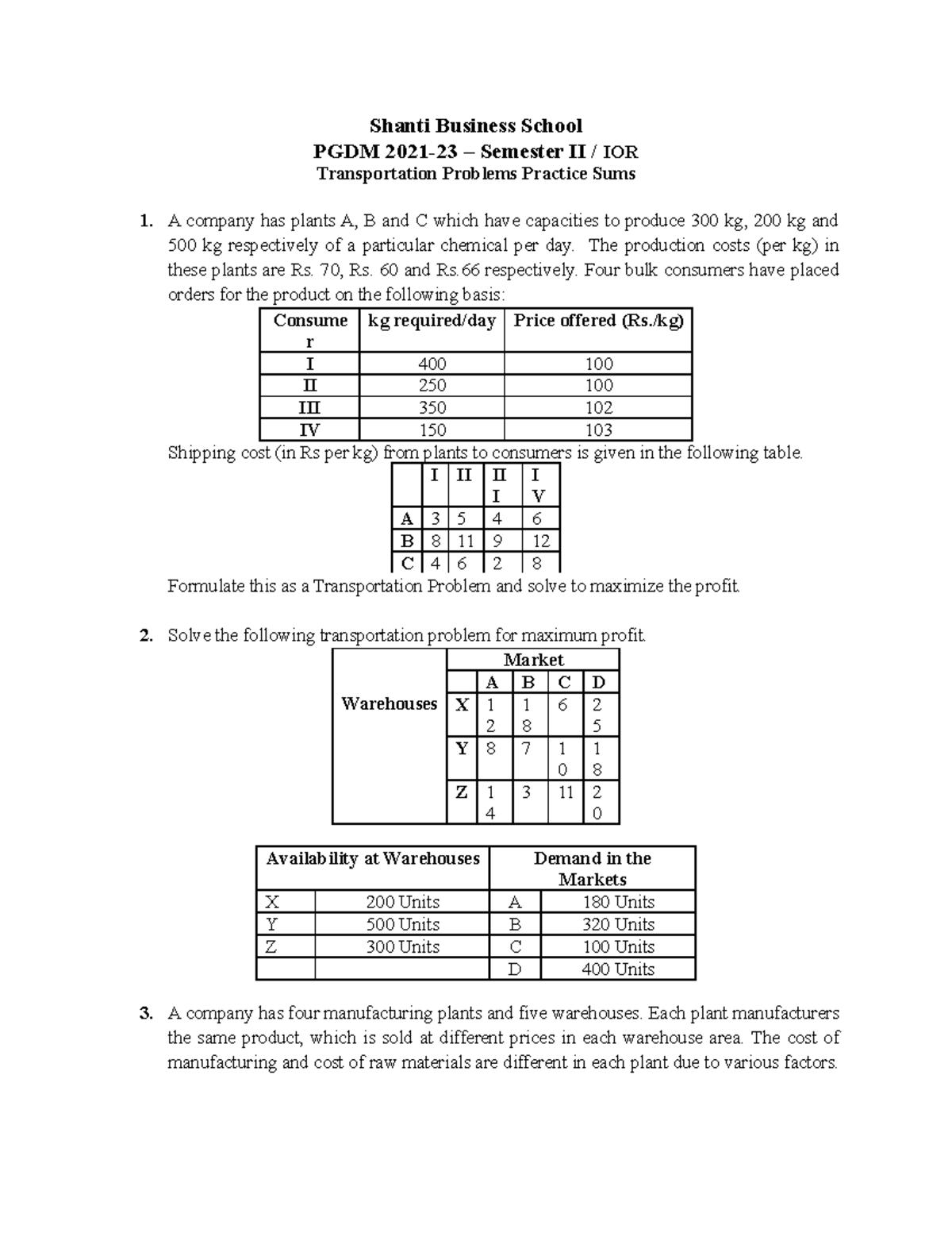 Ch -2 Transportation and Transhipment Problems Practice Sums - Shanti ...