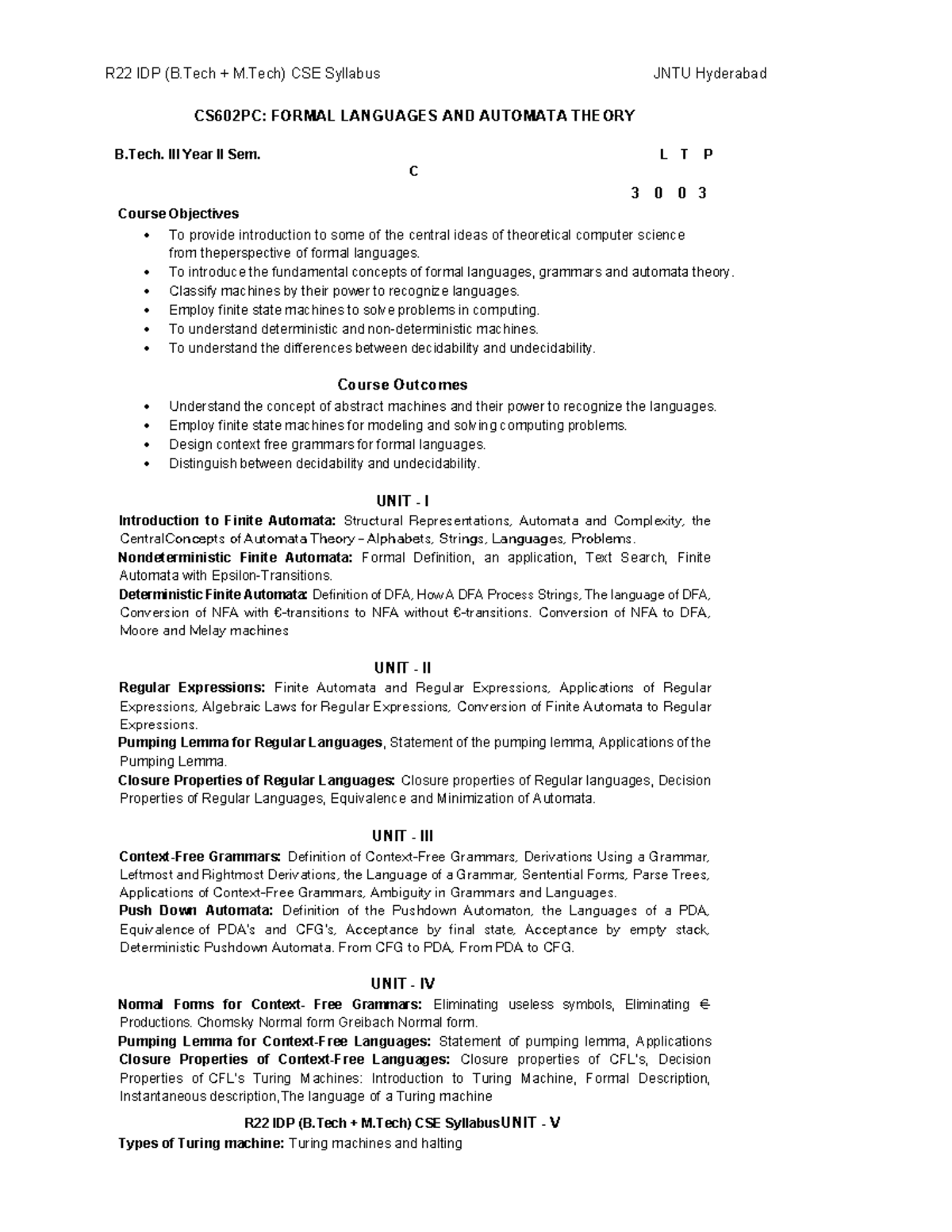 R22 IDP (B.Tech M.Tech) CSE CS602PC: Formal Languages & Automata Theory ...