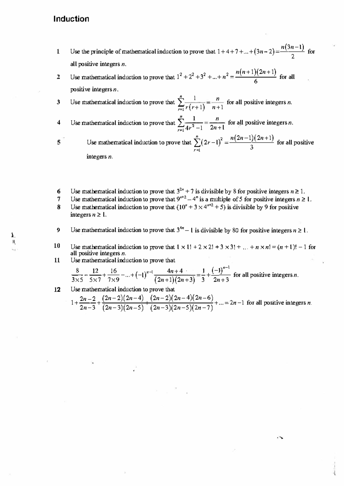 Induction Questions - MATH 101: Proving Statements for All n - Studocu