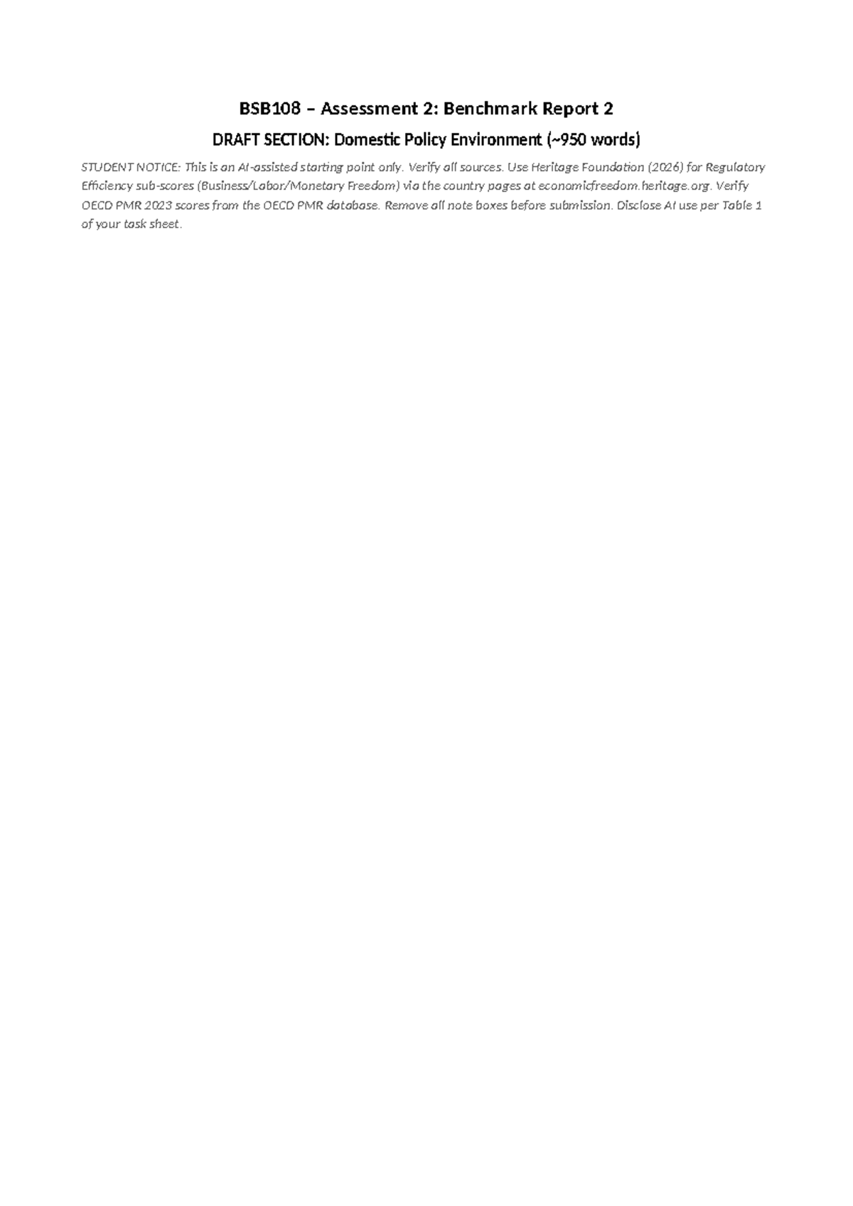 BSB108 Assessment 2: Draft Benchmark Report on Domestic Policy ...
