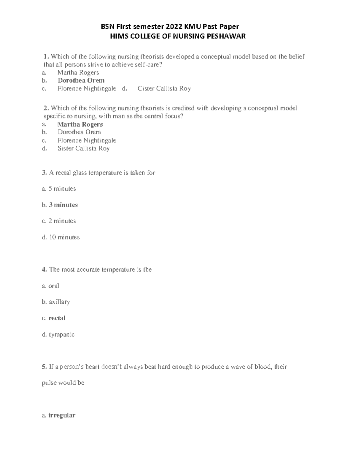 BSN First Semester 2022 KMU Past Paper - HIMS College of Nursing - Studocu