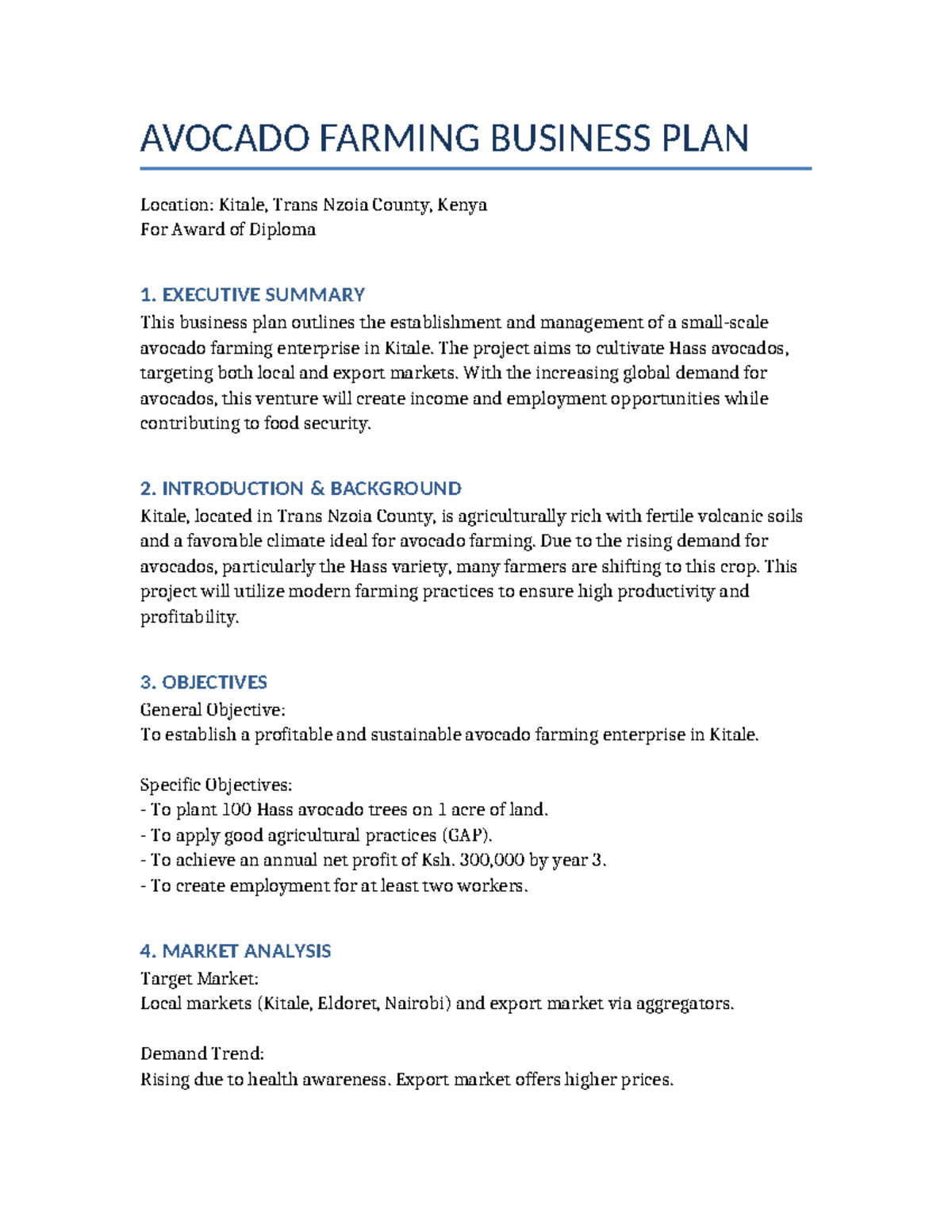 AVO 101: Avocado Farming Business Plan for Kitale, Kenya - Studocu