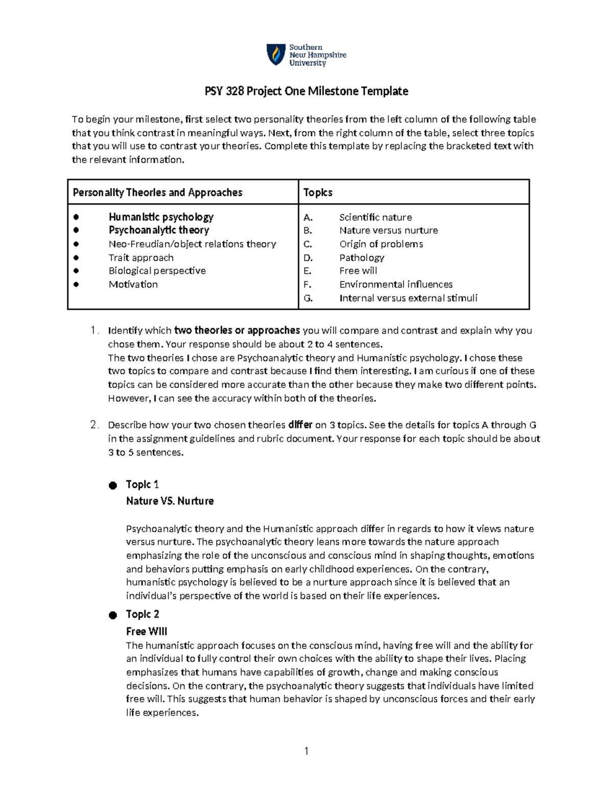 PSY 328 Personality Theories Comparison Milestone Template - Studocu