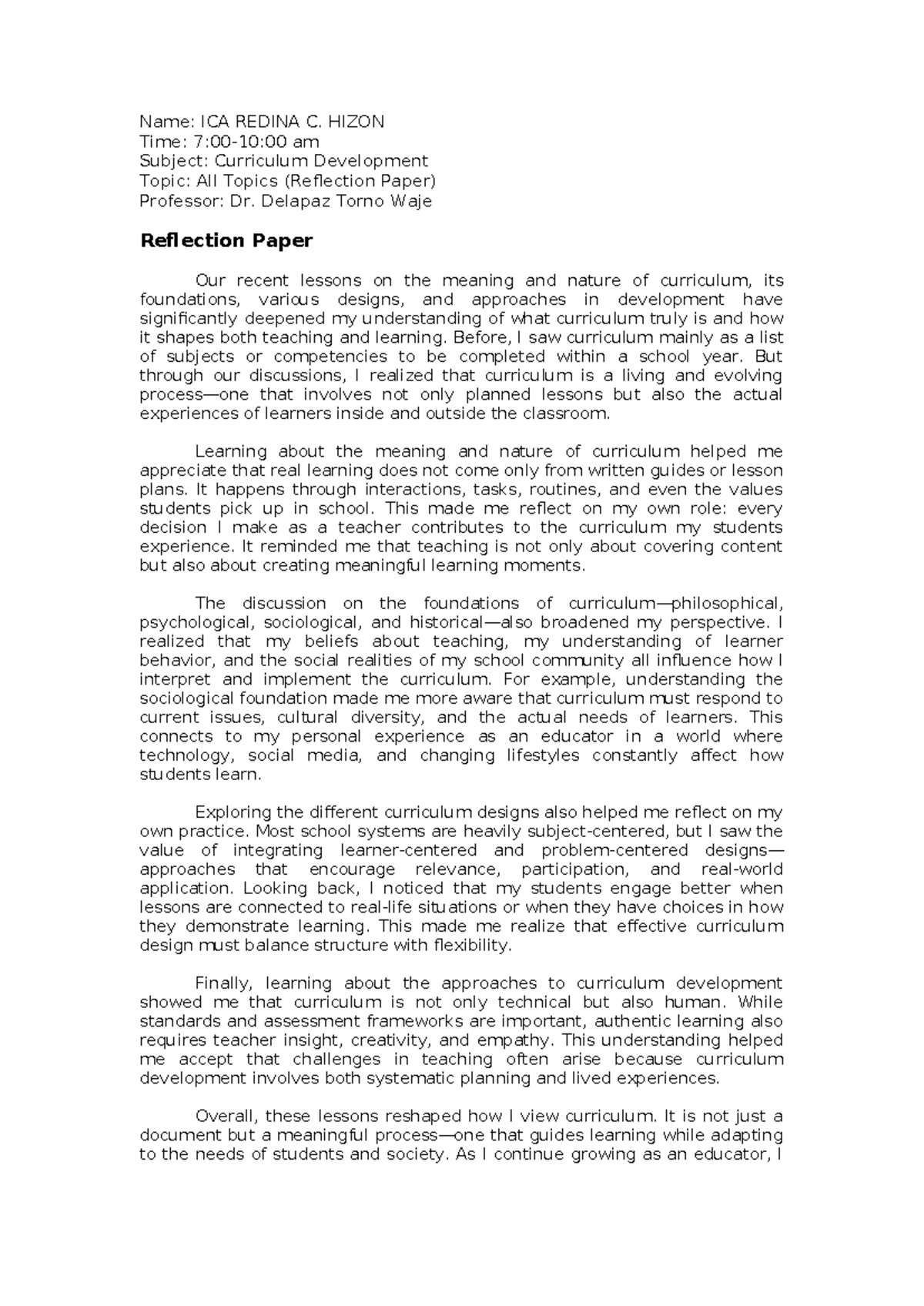 Curriculum Development (EDU 101) - Reflection Paper Insights - Studocu