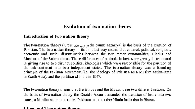 Evolution of Two Nation Theory: Historical Insights (HIST 101) - Studocu