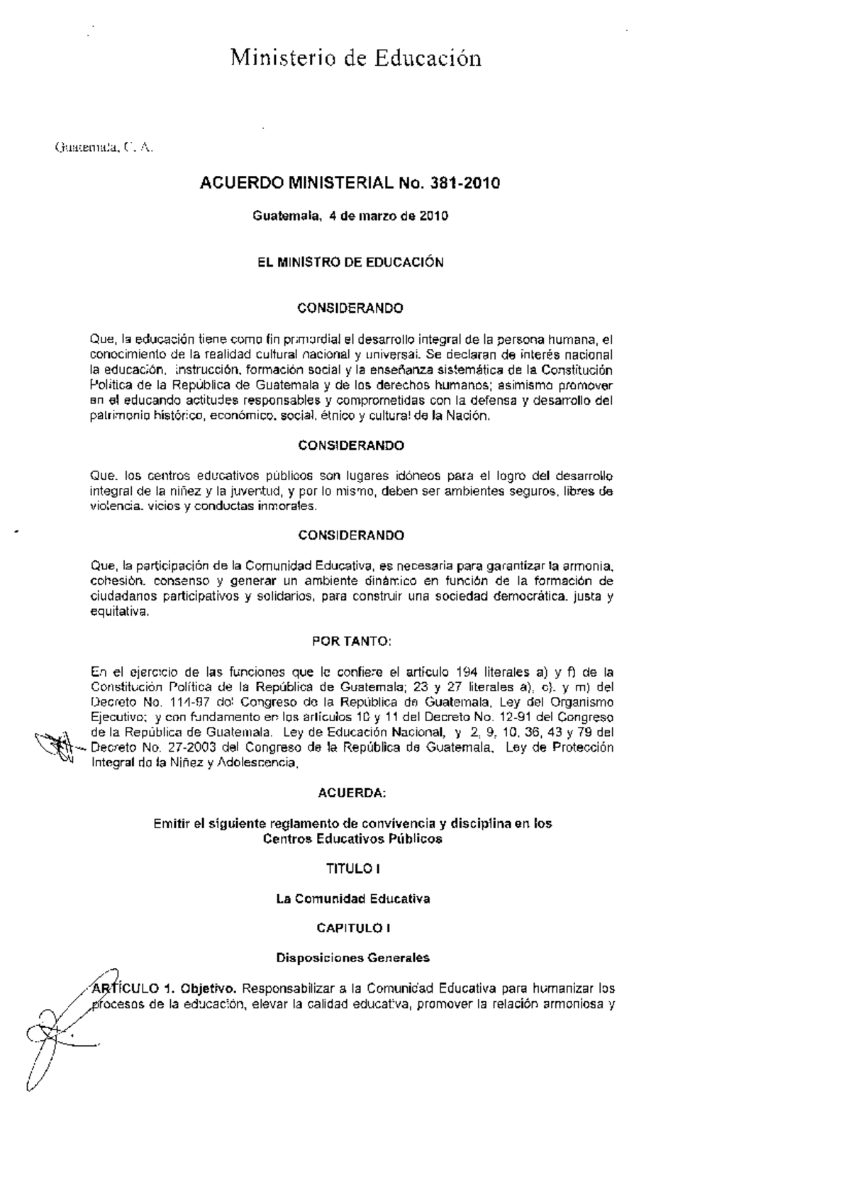 Reglamento de Convivencia y Disciplina en Centros Educativos Públicos - 381-2010 - Studocu