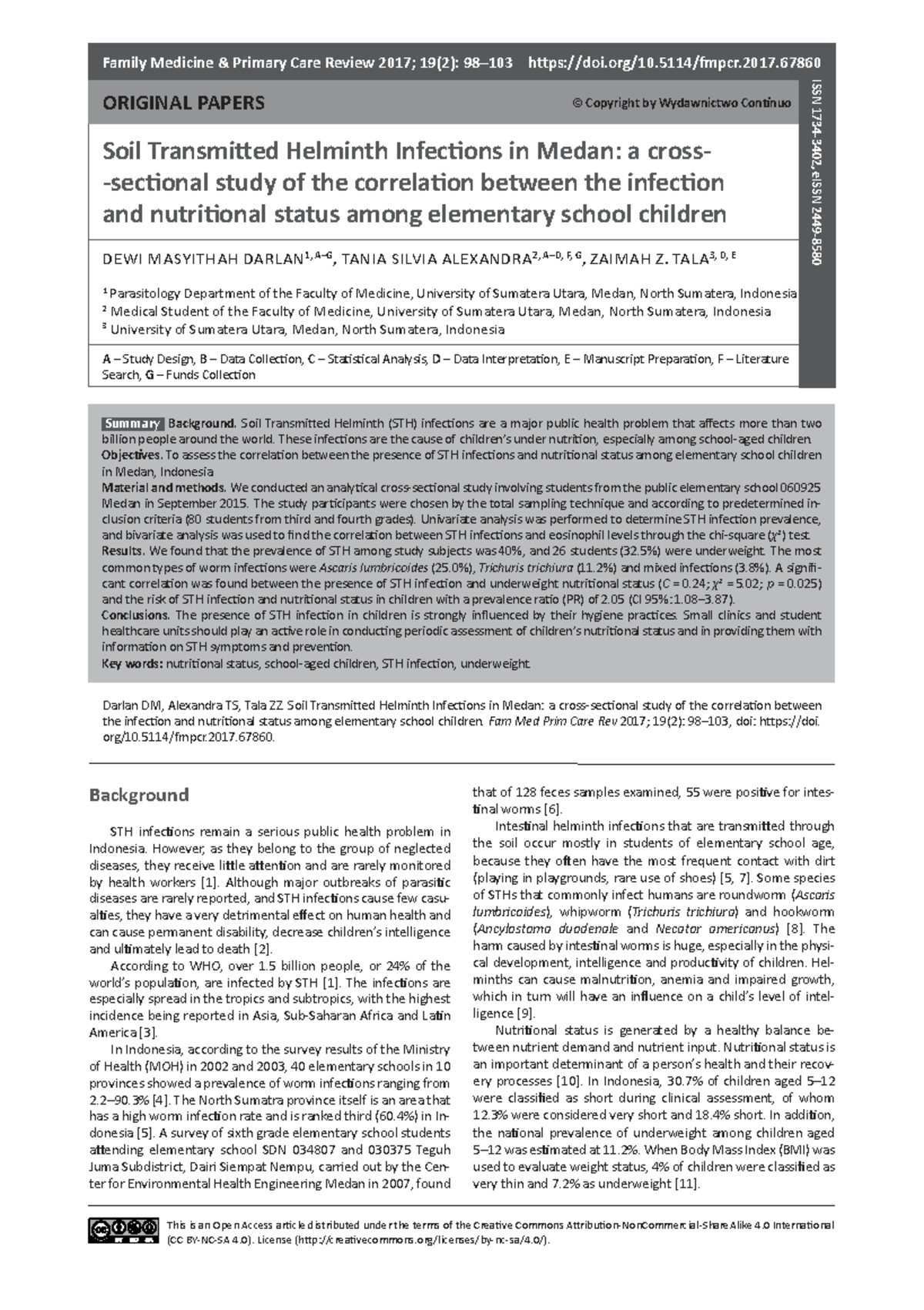 Soil Transmitted Helminth Infections and Nutritional Status in Medan: A ...