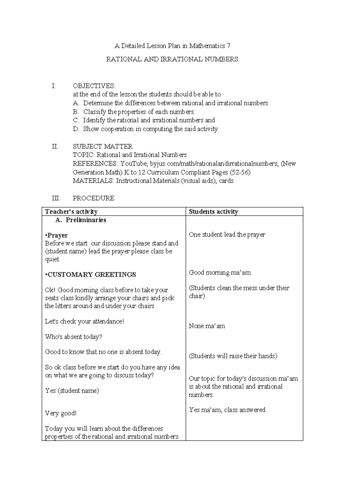 Mathematics 7 Lesson Plan: Rational & Irrational Numbers Overview - Studocu