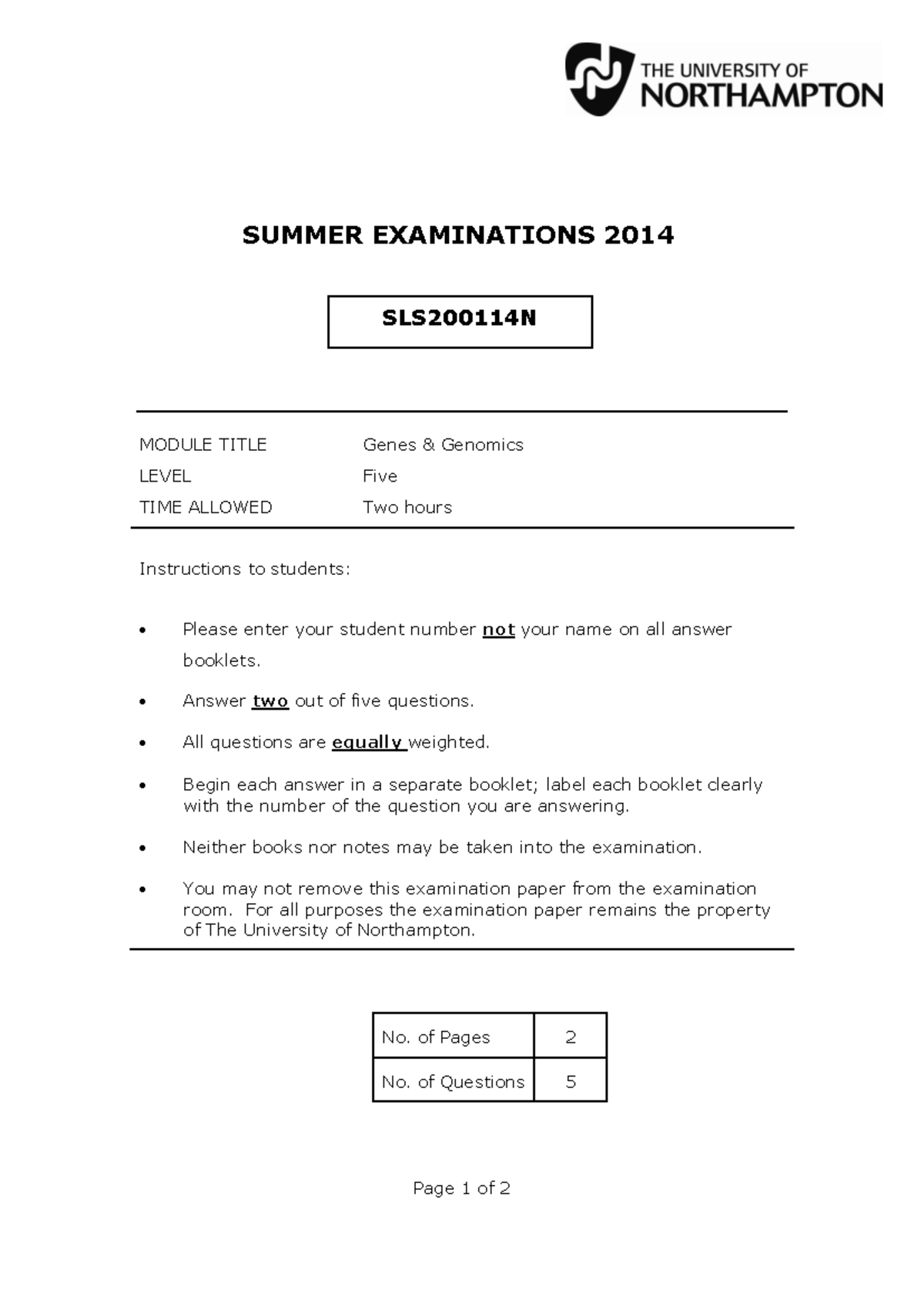 Exam 2014, questions - SUMMER EXAMINATIONS 2014 SLS200114N MODULE TITLE ...