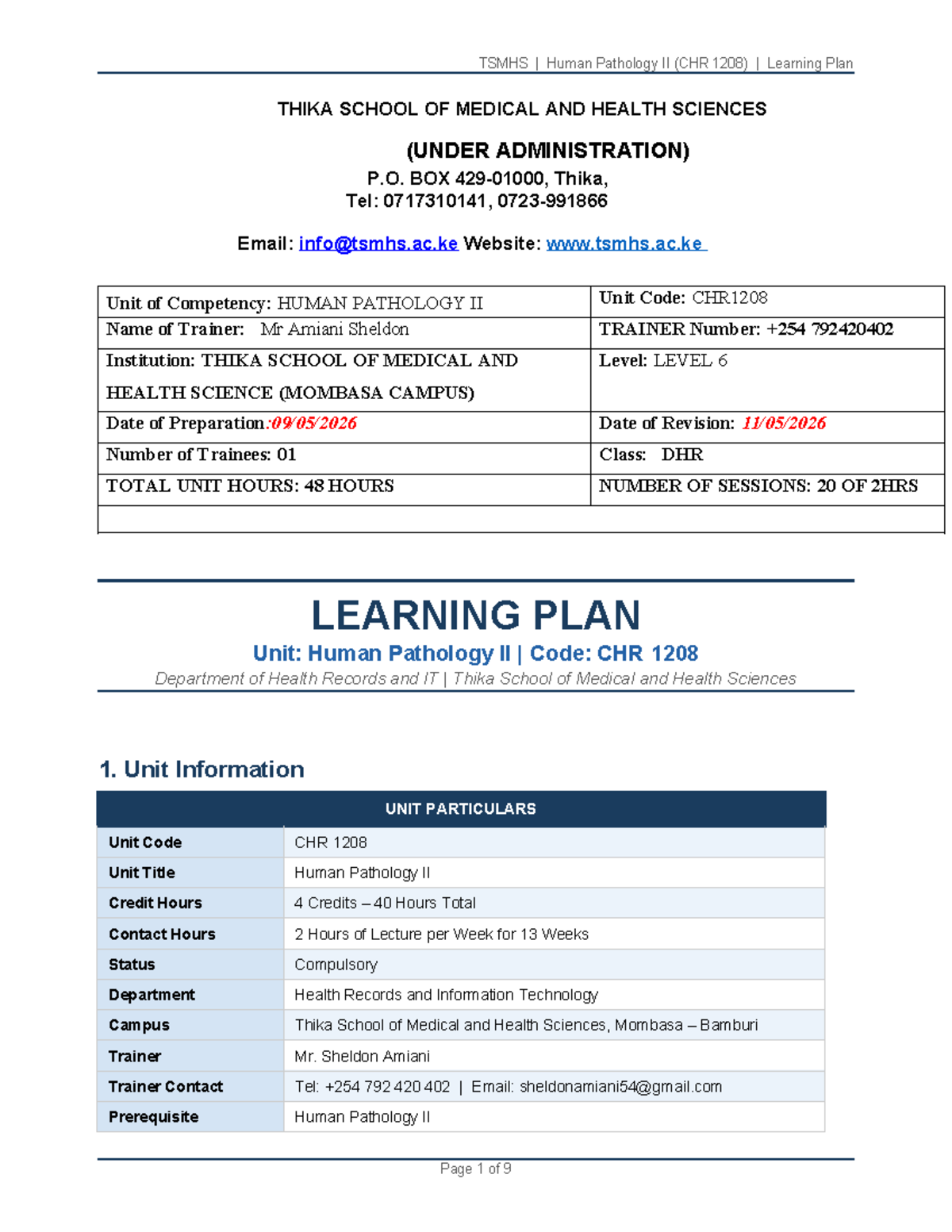 Human Pathology II (CHR 1208) Comprehensive Learning Plan - Studocu