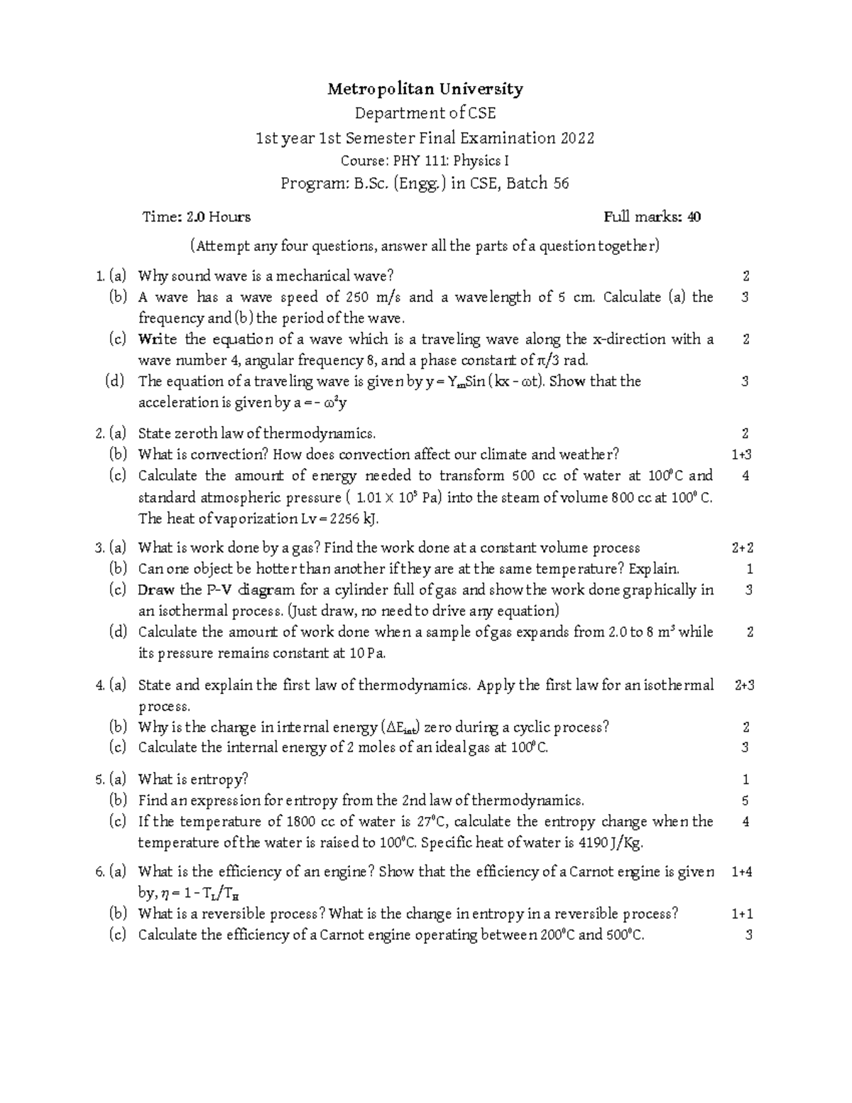 CSE 1st Year PHY 2022 Final Exam Sample Questions - Studocu
