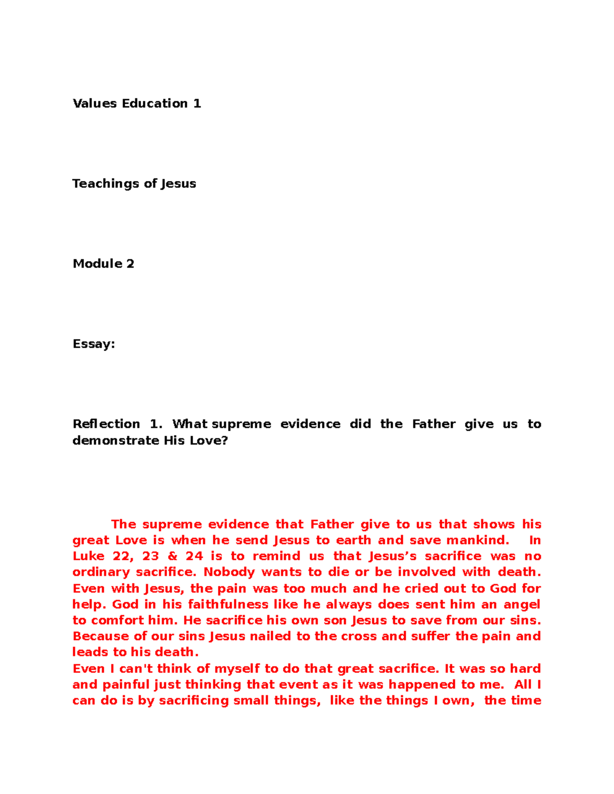Values Education 1 - Module 2 Essay Reflection on Jesus' Teachings ...