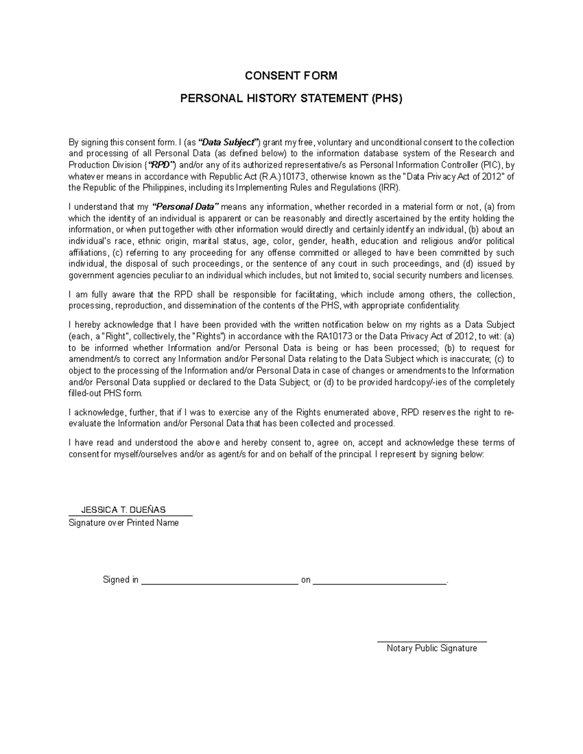 Consent FORM Jess - uyguvb - CONSENT FORM PERSONAL HISTORY STATEMENT (PHS) By signing this ...