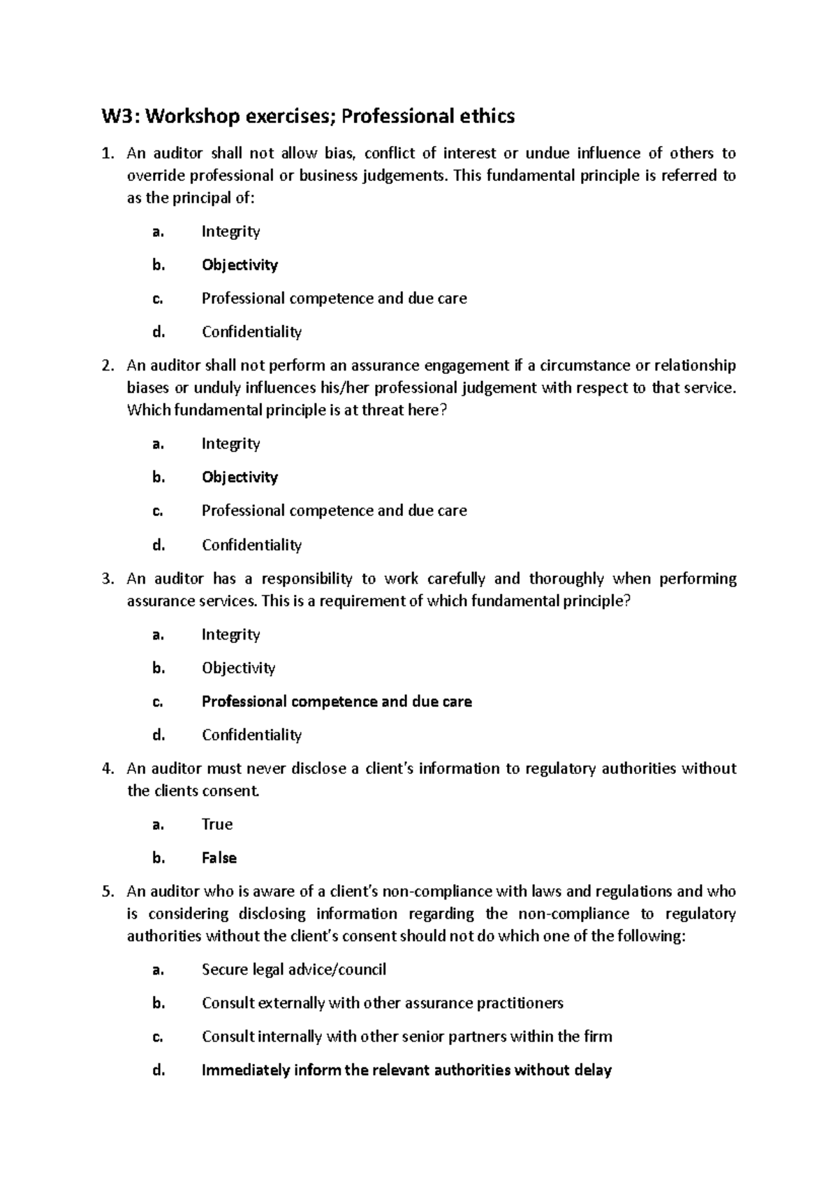 Professional ethics Answers - W3: Workshop exercises; Professional ...