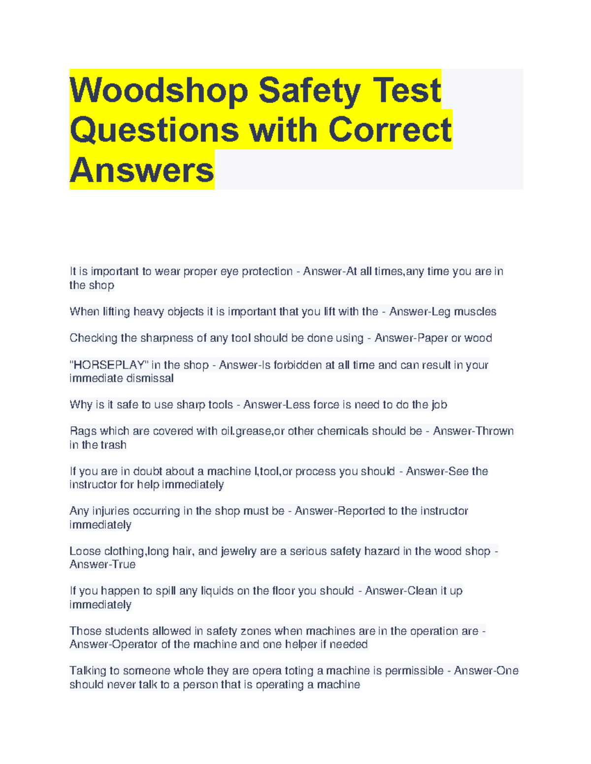 Woodshop Safety Test Q&A: Essential Knowledge for Students - Studocu