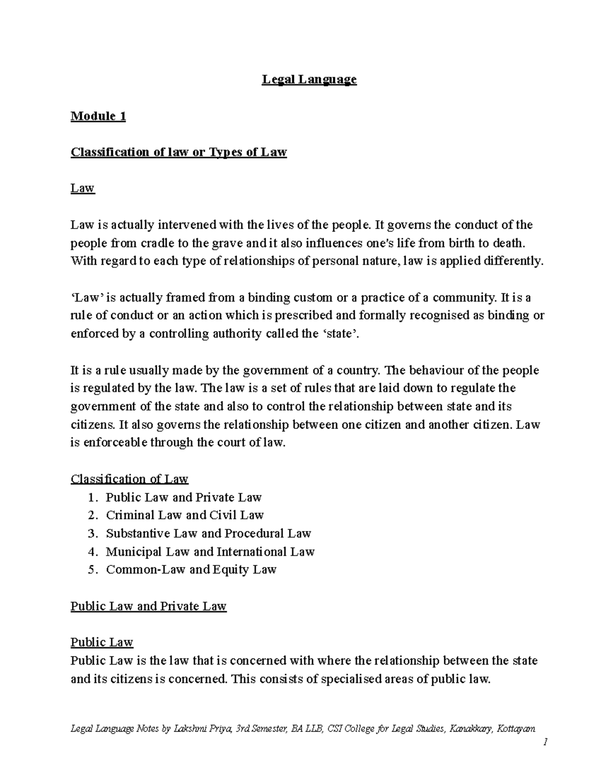 Legal Language - Sem III - Legal Language Module 1 Classification of ...