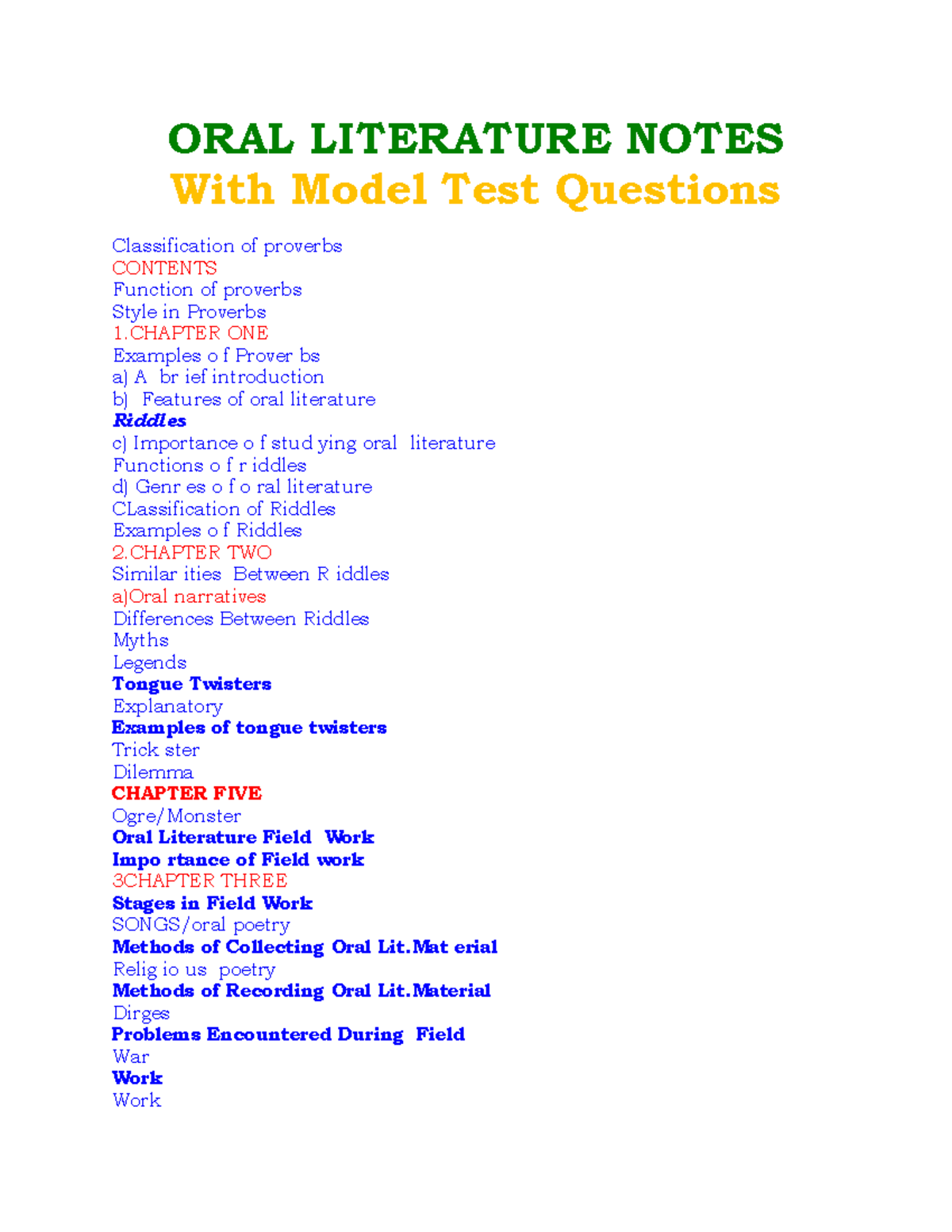 ORAL Literature Final Exam Notes with Model Test Questions - Studocu