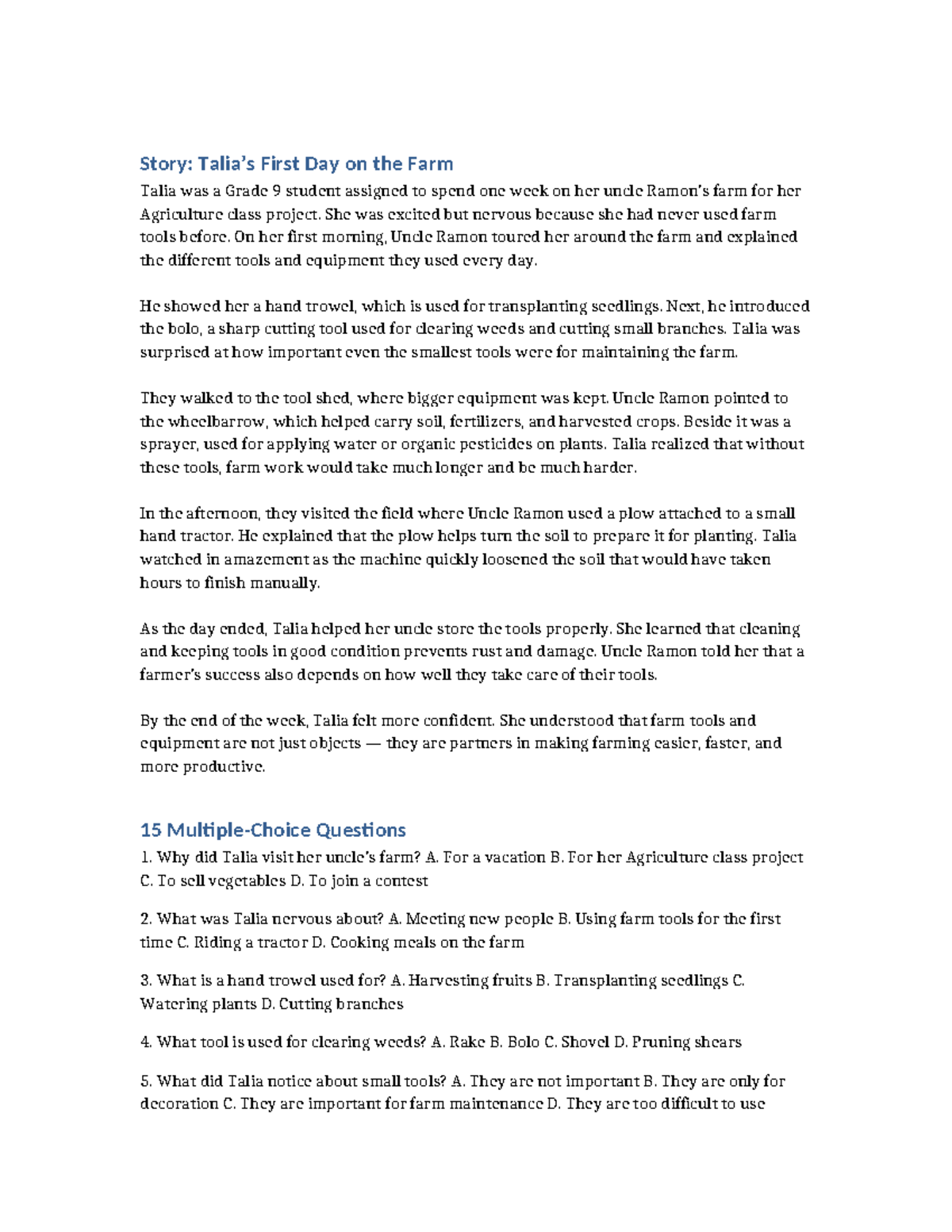 Agriculture 9: Story & Questions on Farm Tools and Equipment - Studocu