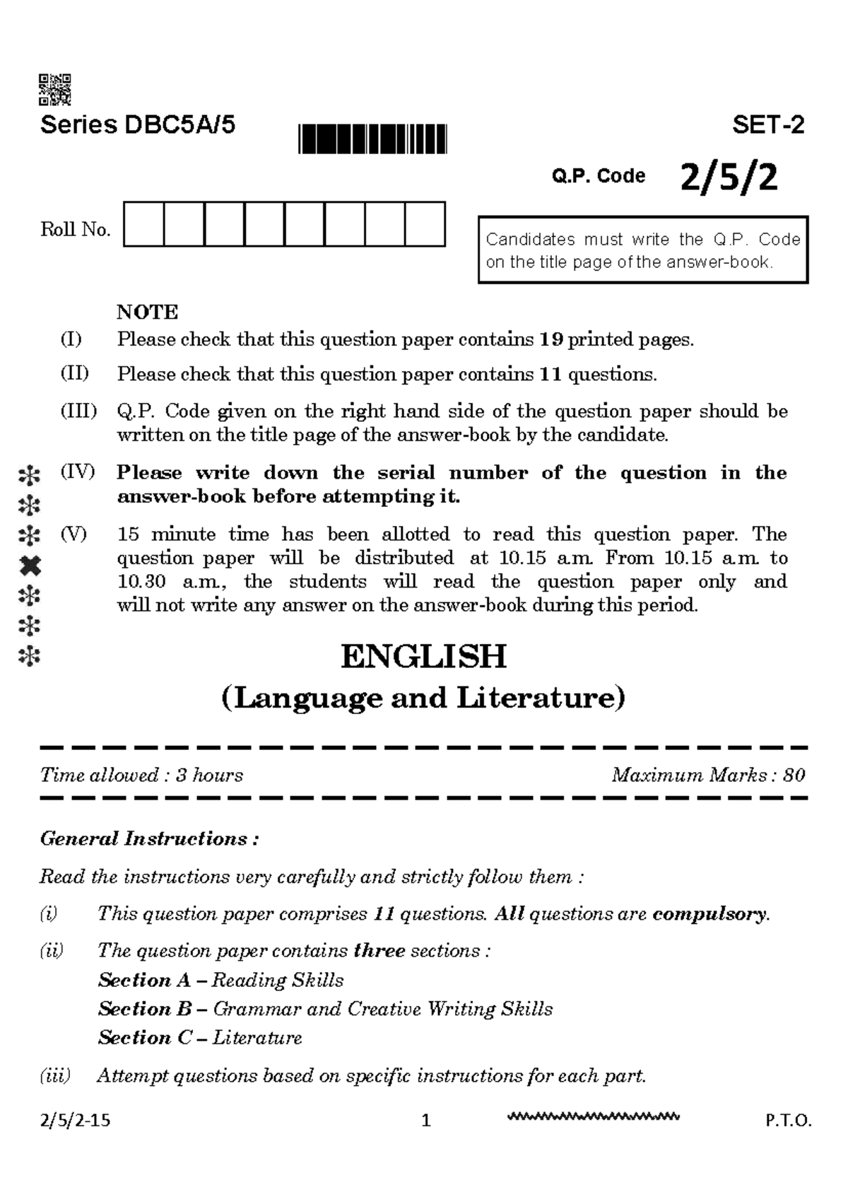 English L & L - Question Paper with Instructions and Reading Skills ...