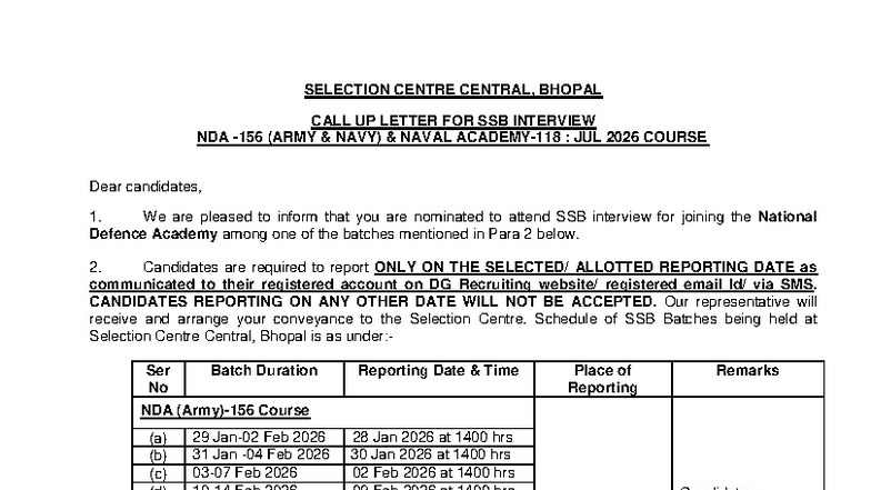 CALL UP LETTER NDA 142 (ARMY NAVY) JUL 2026 SSB INTERVIEW INSTRUCTIONS ...