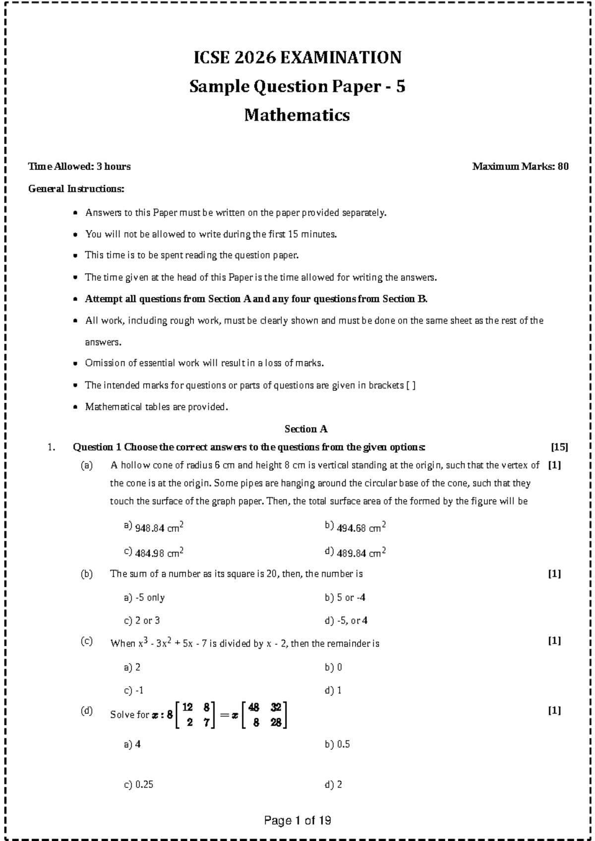ICSE 2026 EXAM Sample Question Paper 5 - Mathematics (3 Hours) - Studocu