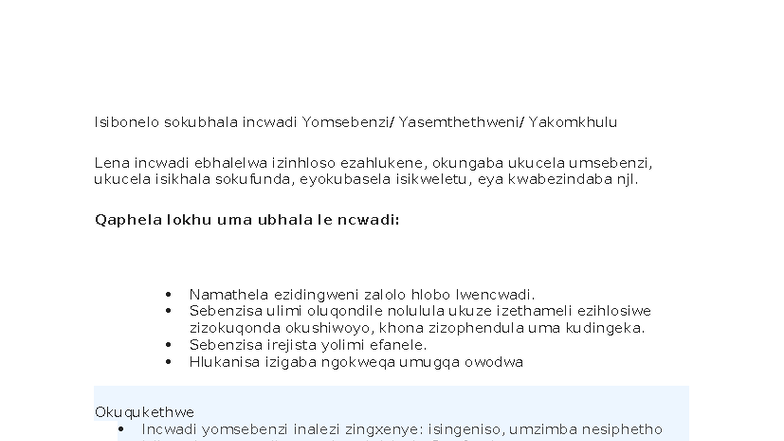 Amanothi: Isibonelo Sokubhala Incwadi Yokucela Umfundaze - Studocu