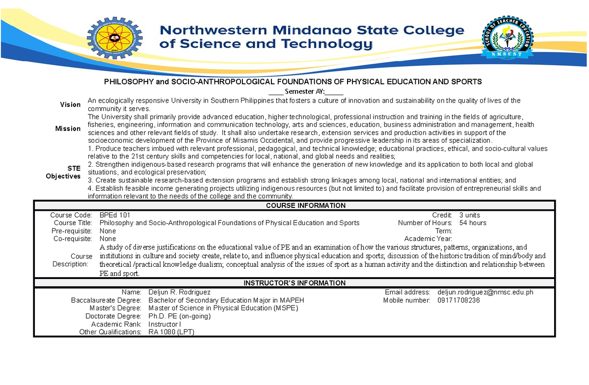 BPEd-101 - Syllabus for Philosophy & Socio-Anthropological Foundations ...