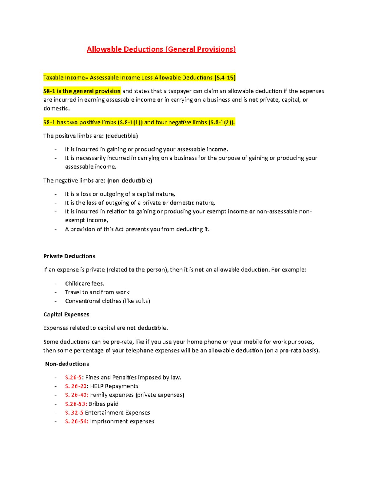 Allowable Deductions Basics: Tax Implications & Examples (S.8-1) - Studocu