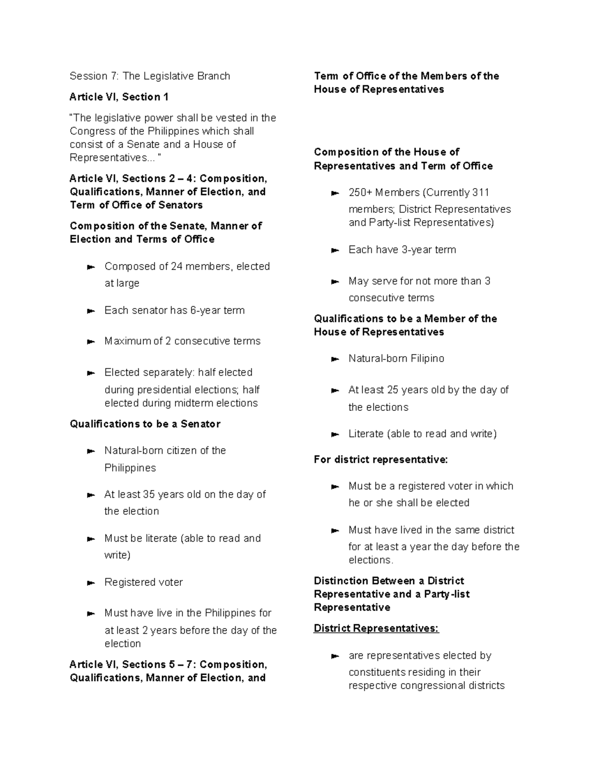 Polgov- Legislative Branch: Composition, Qualifications & Powers - Studocu