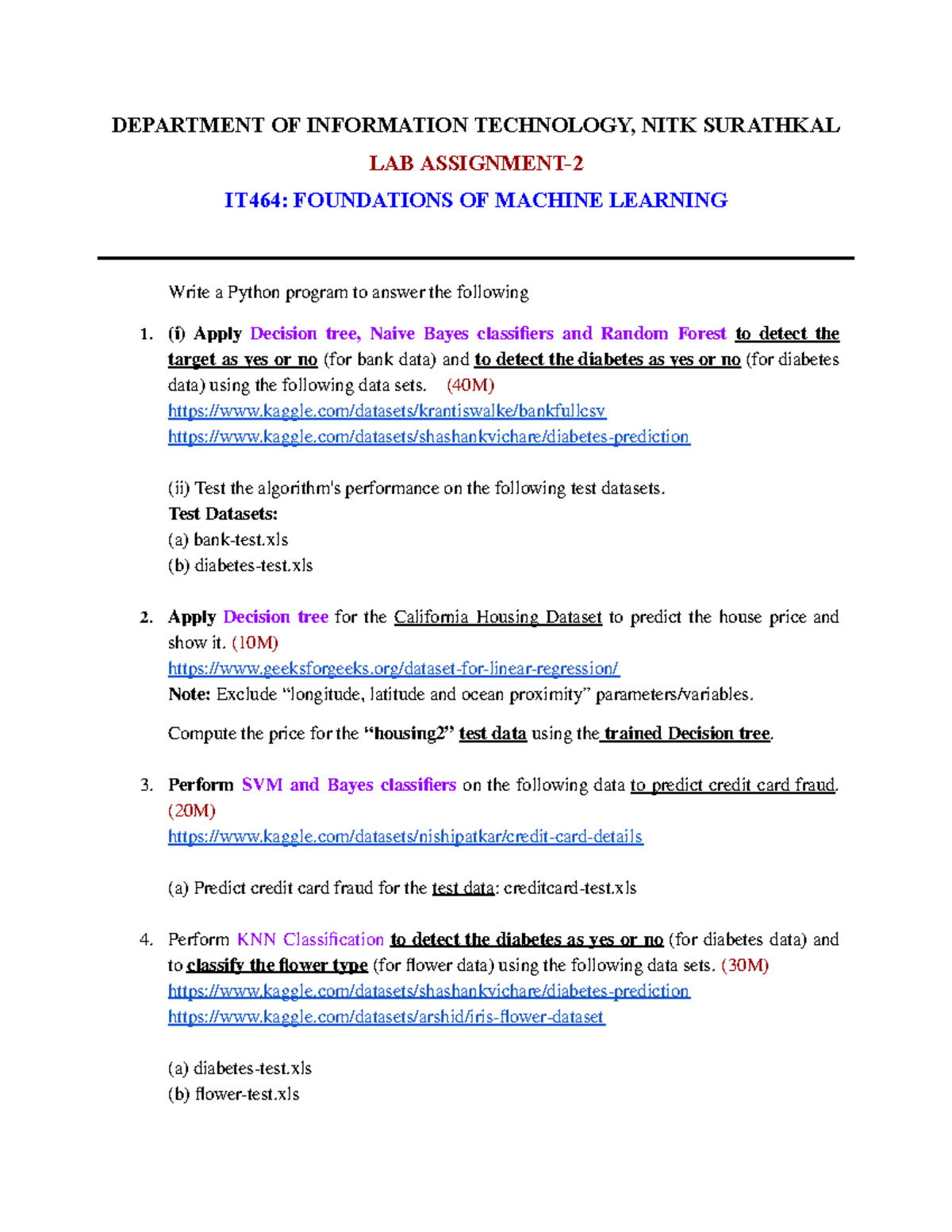 IT464 Lab Assignment 2: ML Classifiers for Data Analysis and Prediction - Studocu