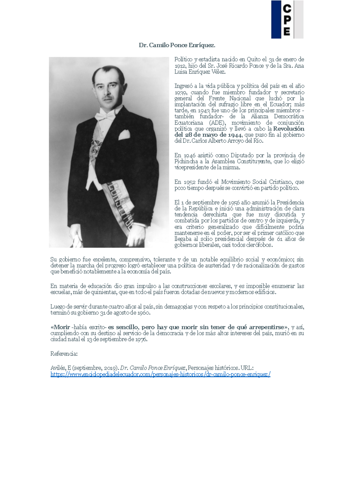 Historia del Camilo Ponce - Dr. Camilo Ponce EnrÌquez. PolÌtico y ...