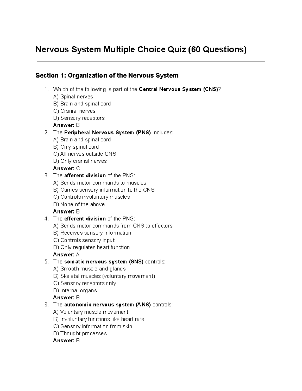 Nervous System MCQ Quiz (60 Questions): Exam Prep Guide - Studocu