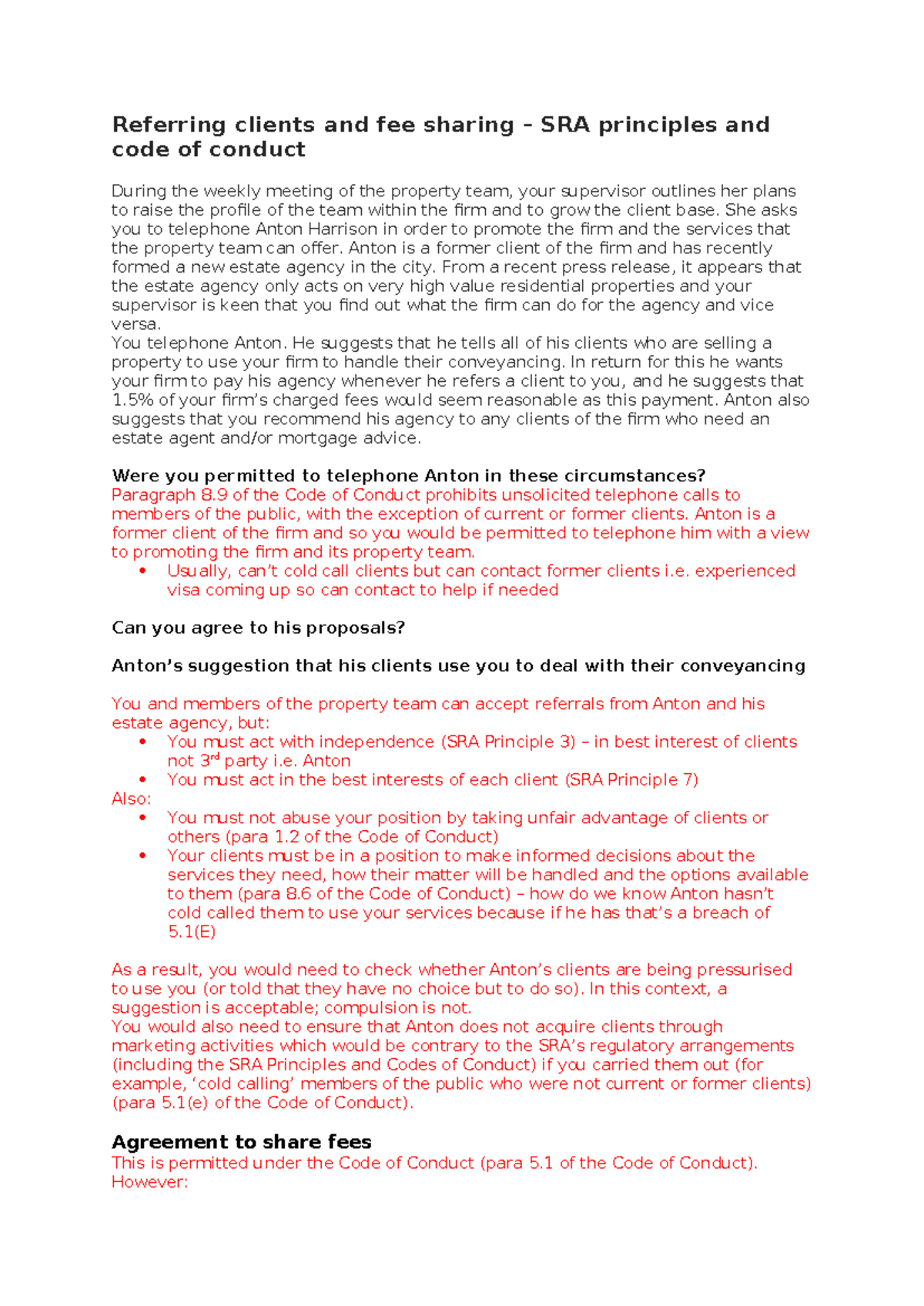 Referring Clients & Fee Sharing: SRA Principles & Code of Conduct - Studocu