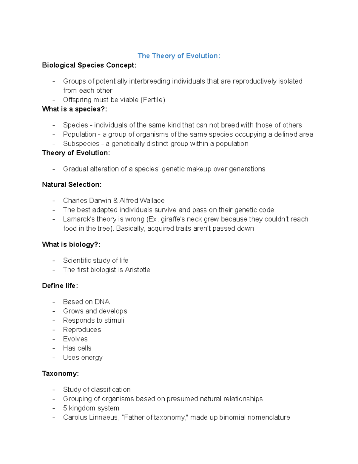 Biology Study Guide: Theory of Evolution and Cnidarians - Studocu