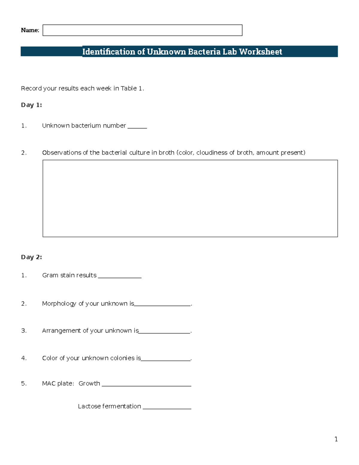 Bio215 Unknown Bacteria Identification Lab Worksheet - Studocu