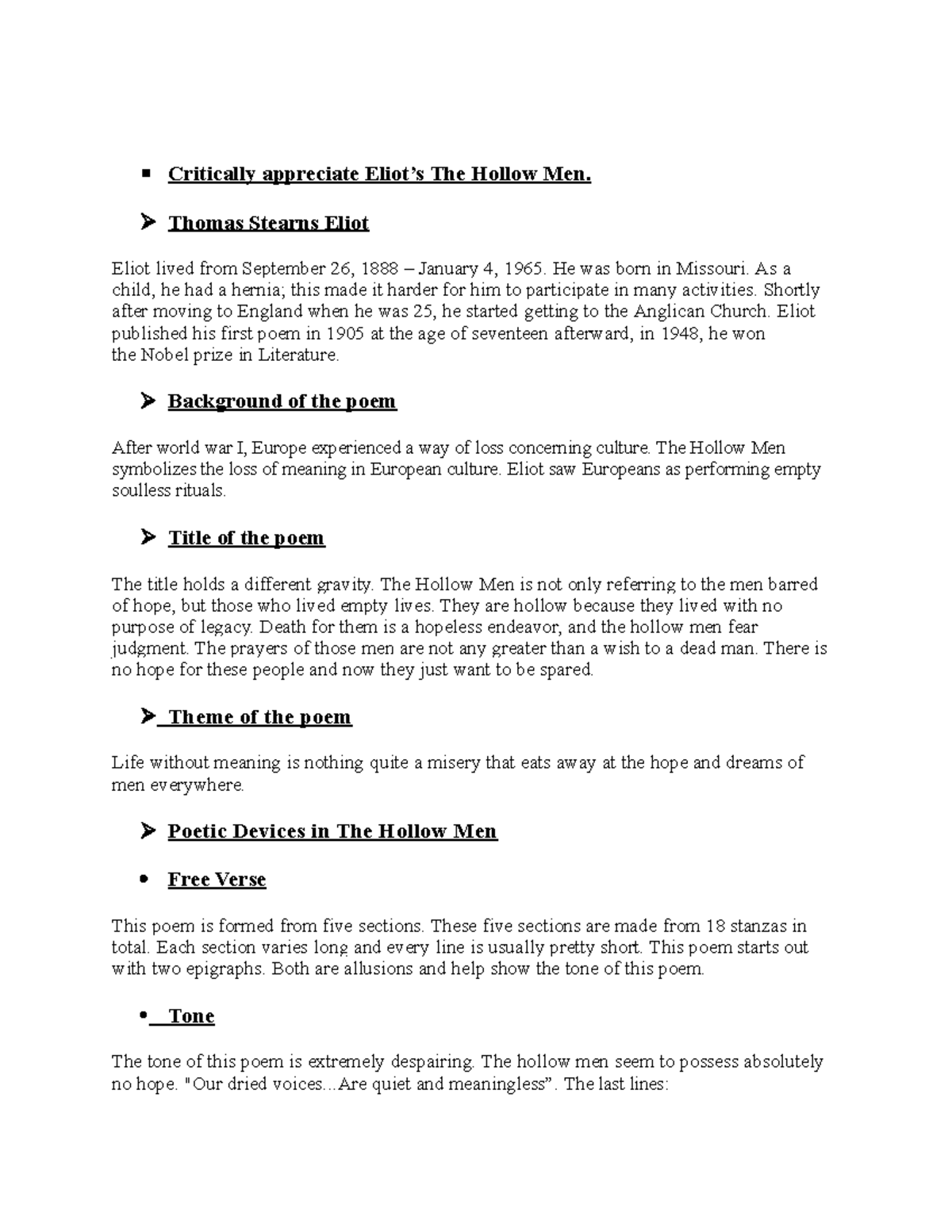 Critical Analysis of T.S. Eliot's Poem "The Hollow Men" - Studocu