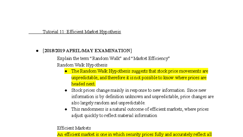 Investment Tutorial 11: Efficient Market Hypothesis & Random Walk - Studocu