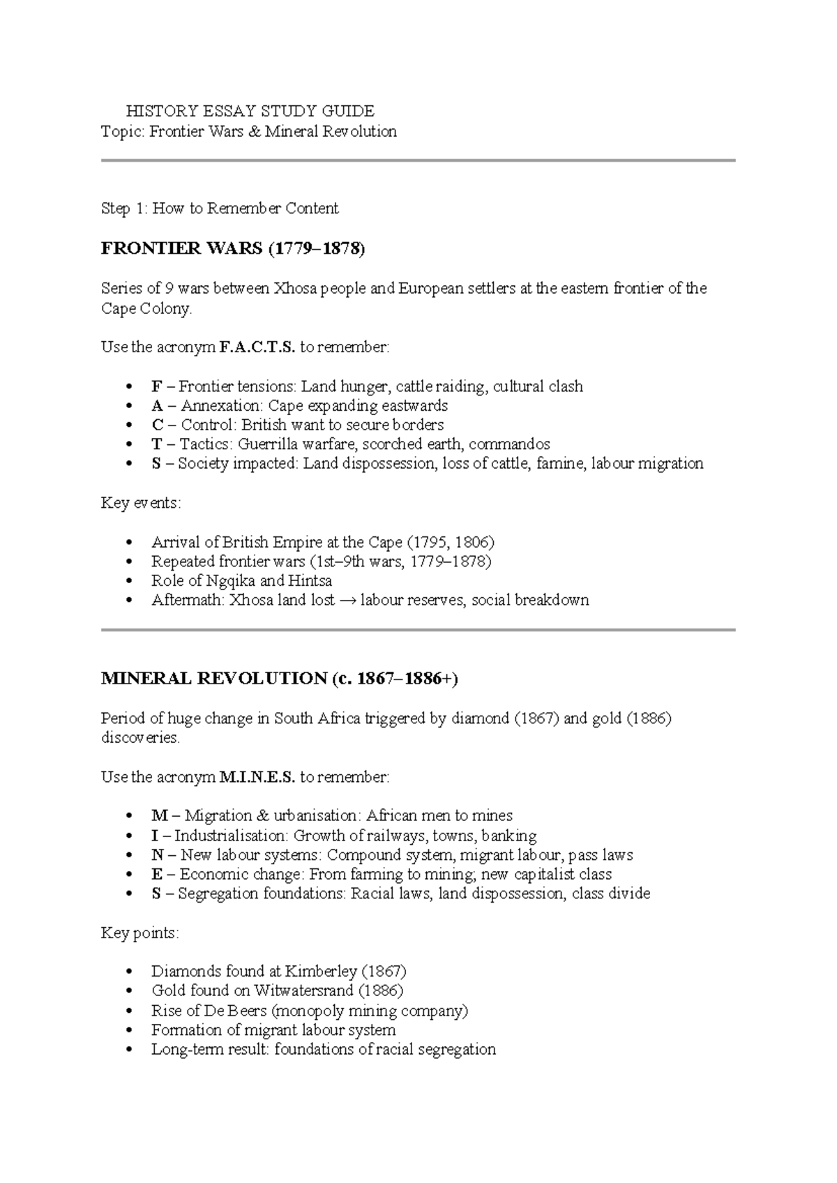 HIST 101: Essay Study Guide on Frontier Wars & Mineral Revolution - Studocu