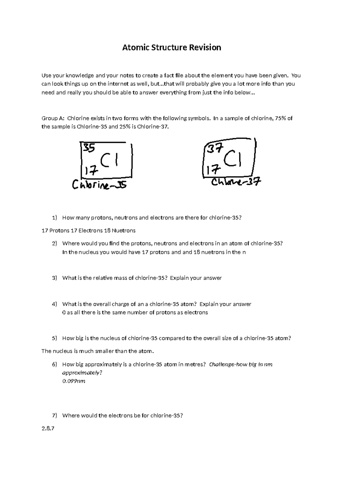 Atomic Structure Revision Task 1: Chlorine Fact File - Studocu